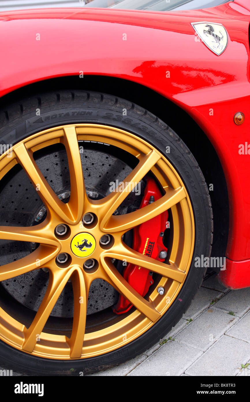 Alloy wheel of a Ferrari car and huge disk brakes by Brembo Stock Photo ...