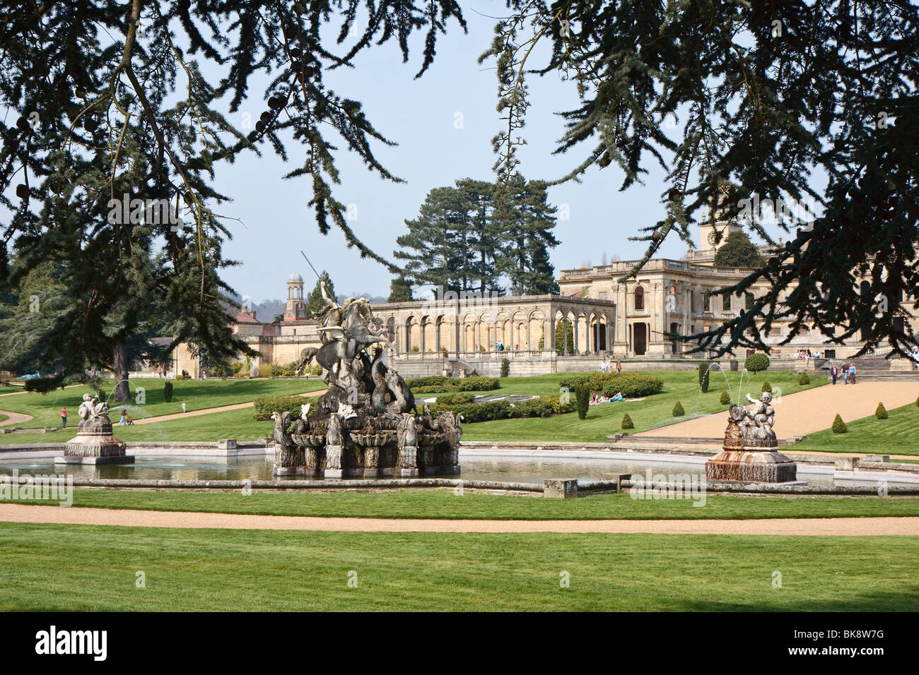 Witley Court ruins formal gardens and classical fountains Stock Photo ...