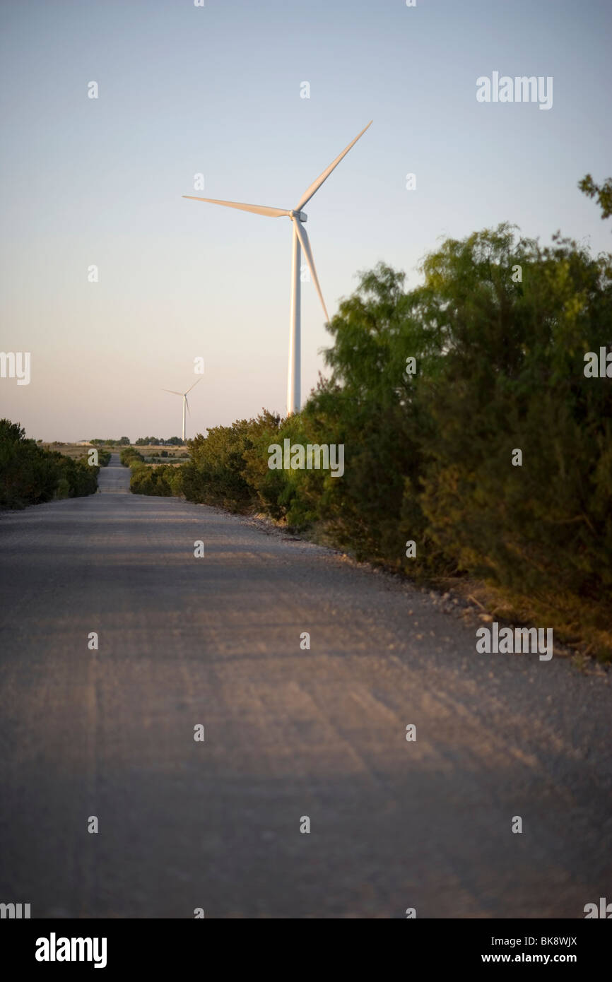 USA, Texas, Roscoe County, West Texas wind turbines near road Stock ...