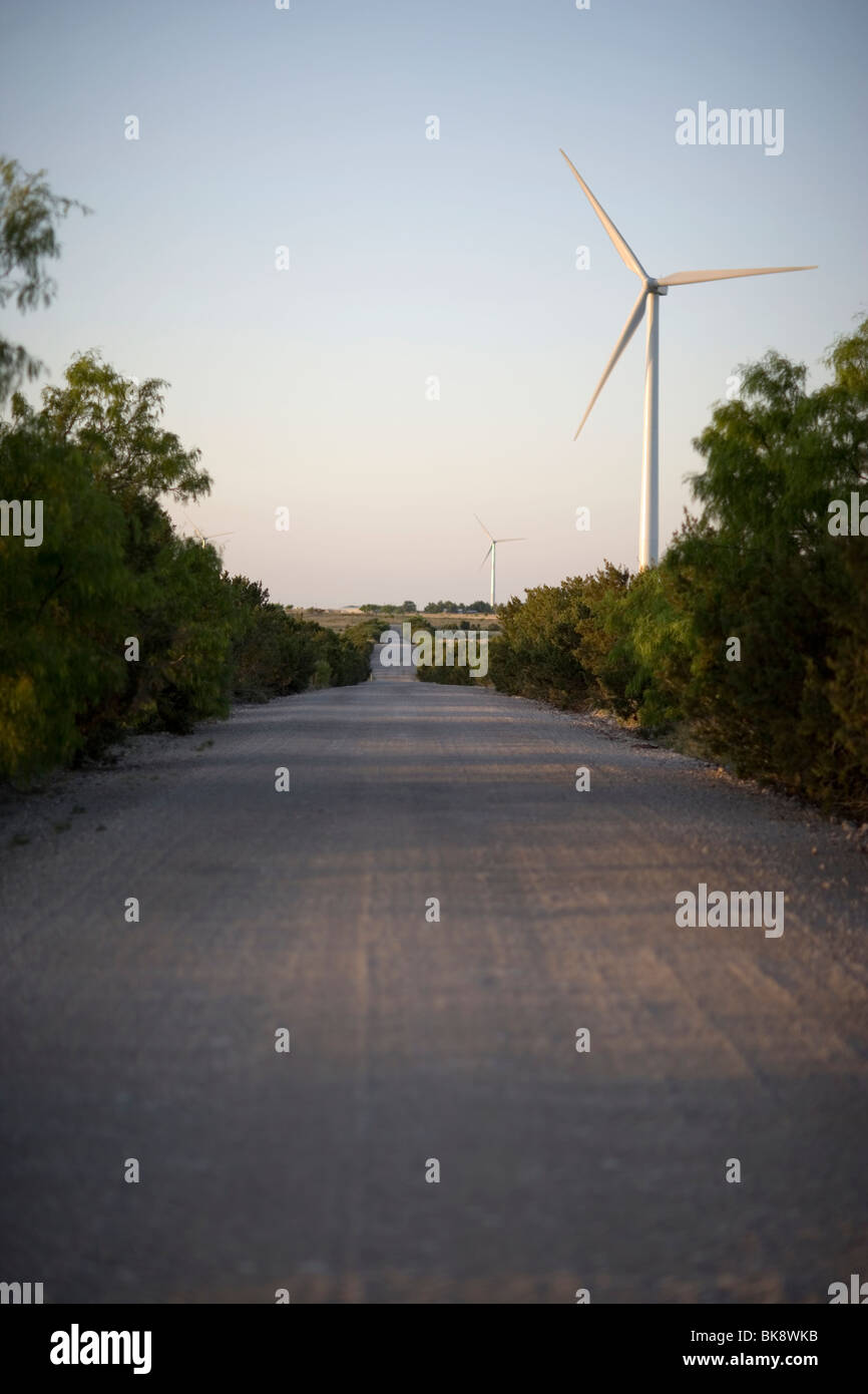 USA, Texas, Roscoe County, West Texas wind turbines near road Stock ...