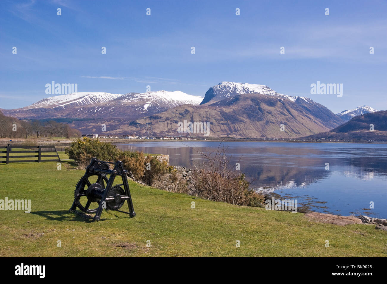 Ben Nevis, Aonach Beag and Aonach Mor towering over Fort William with ...