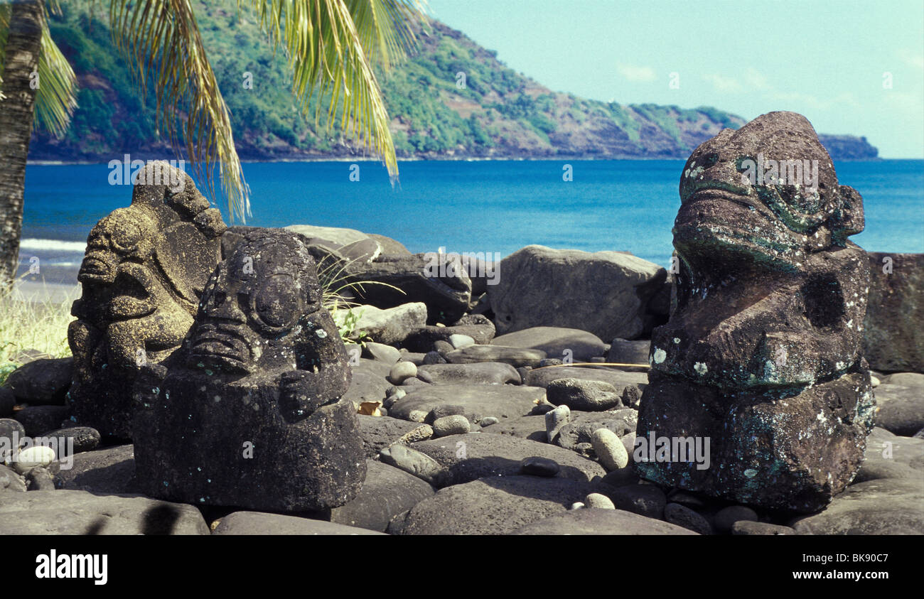 Stone statues on the beach, Nuku Hiva, Marquesas Islands, French ...