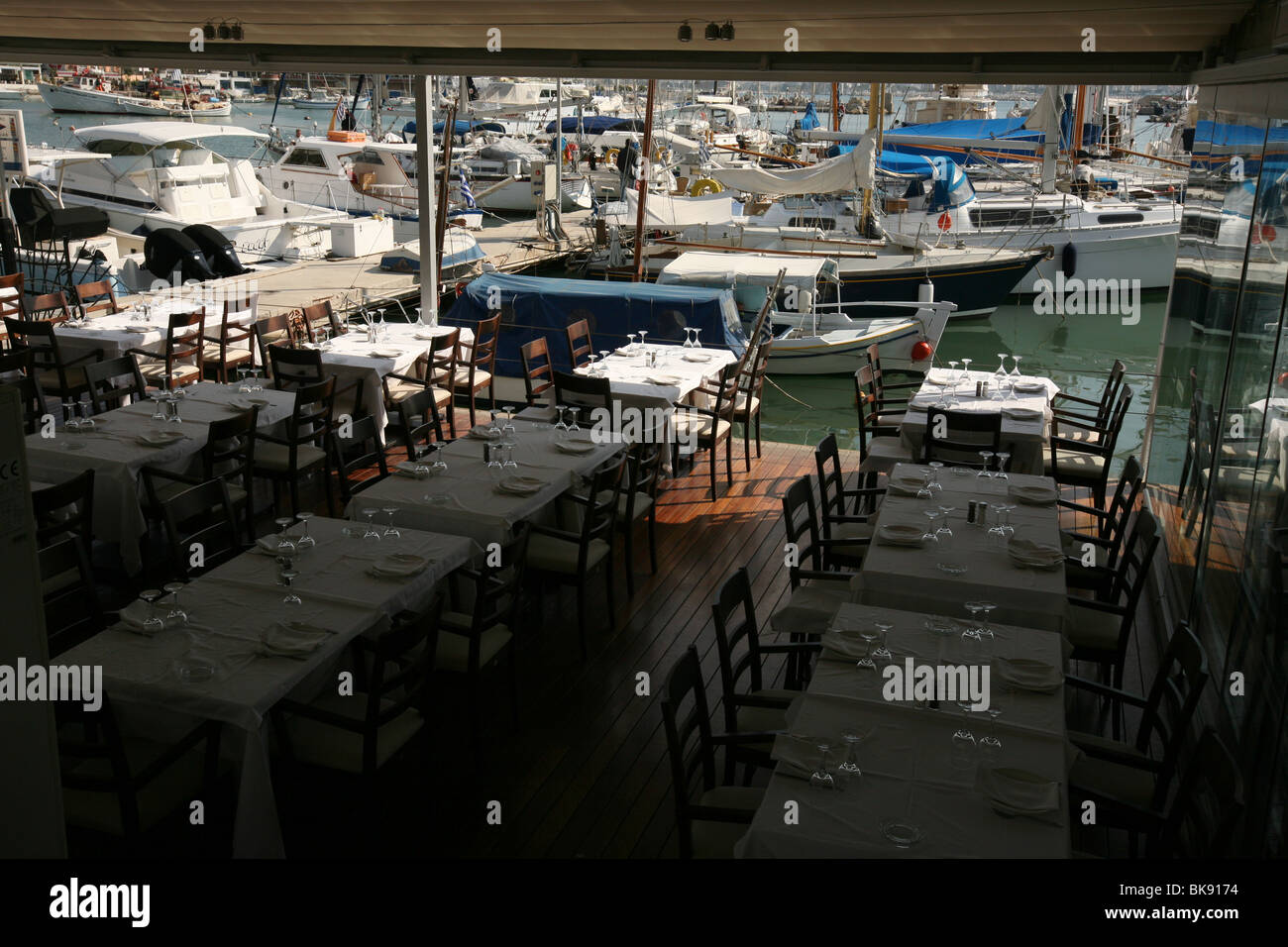 Seafront restaurant in the Mikrolimano harbour in Piraeus, Greece Stock ...
