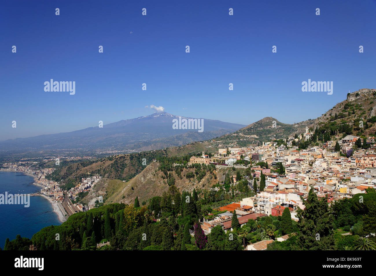 View over Taormina to Mount Etna, Taormina, Sicily, Italy Stock Photo ...