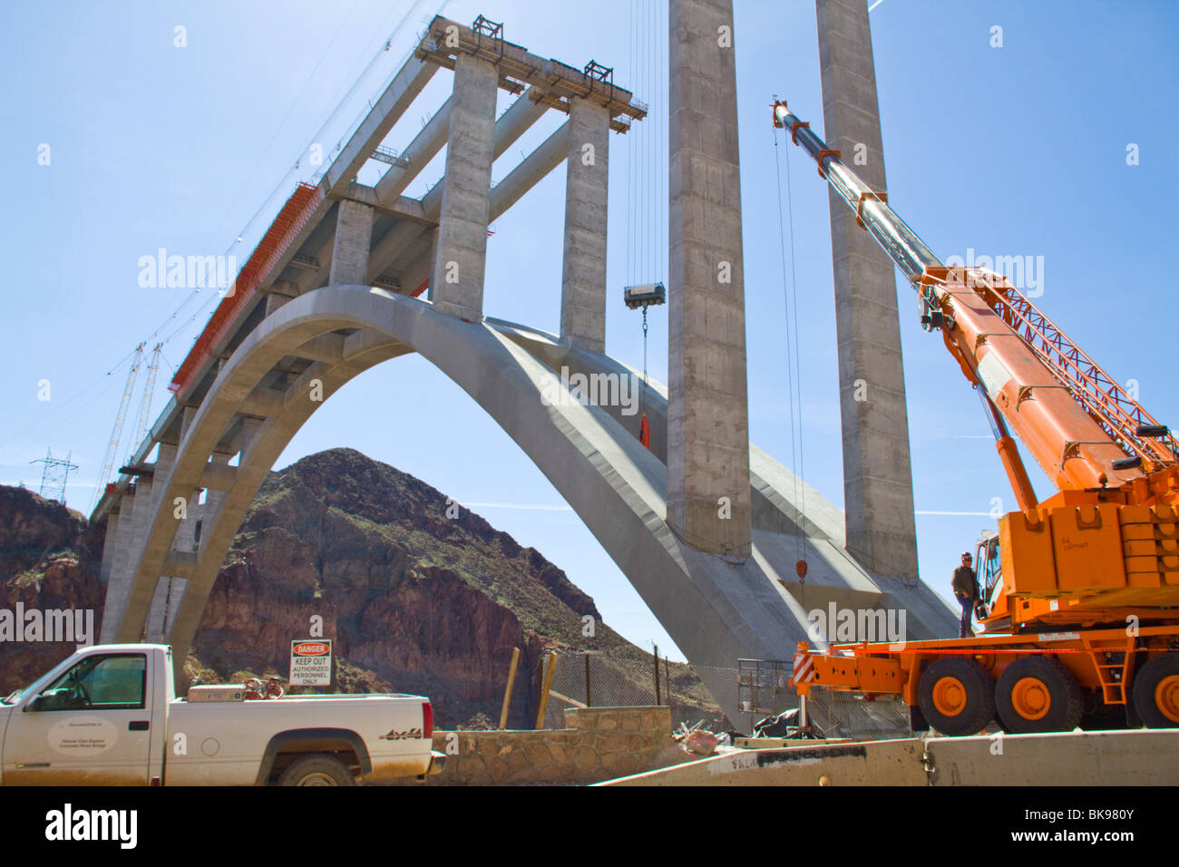New Colorado River Bridge span across canyon below Hoover Boulder Dam ...