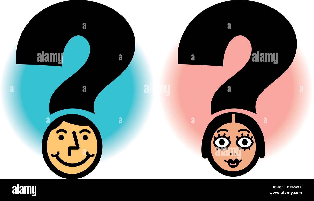 Man and woman's faces with question marks Stock Photo - Alamy