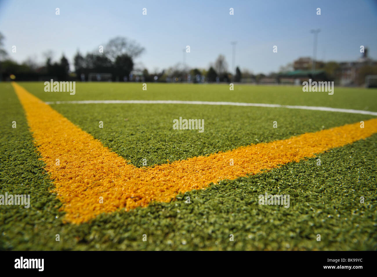 A close up of a corner section of a full size football or soccer pitch ...