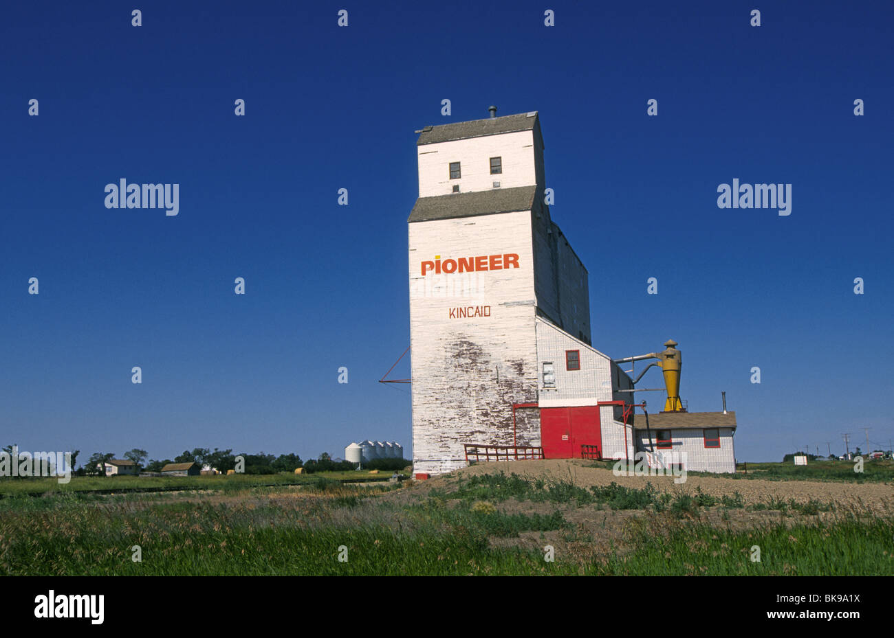 A large grain silo on the prairie in the Great Plains of Saskatchewan ...