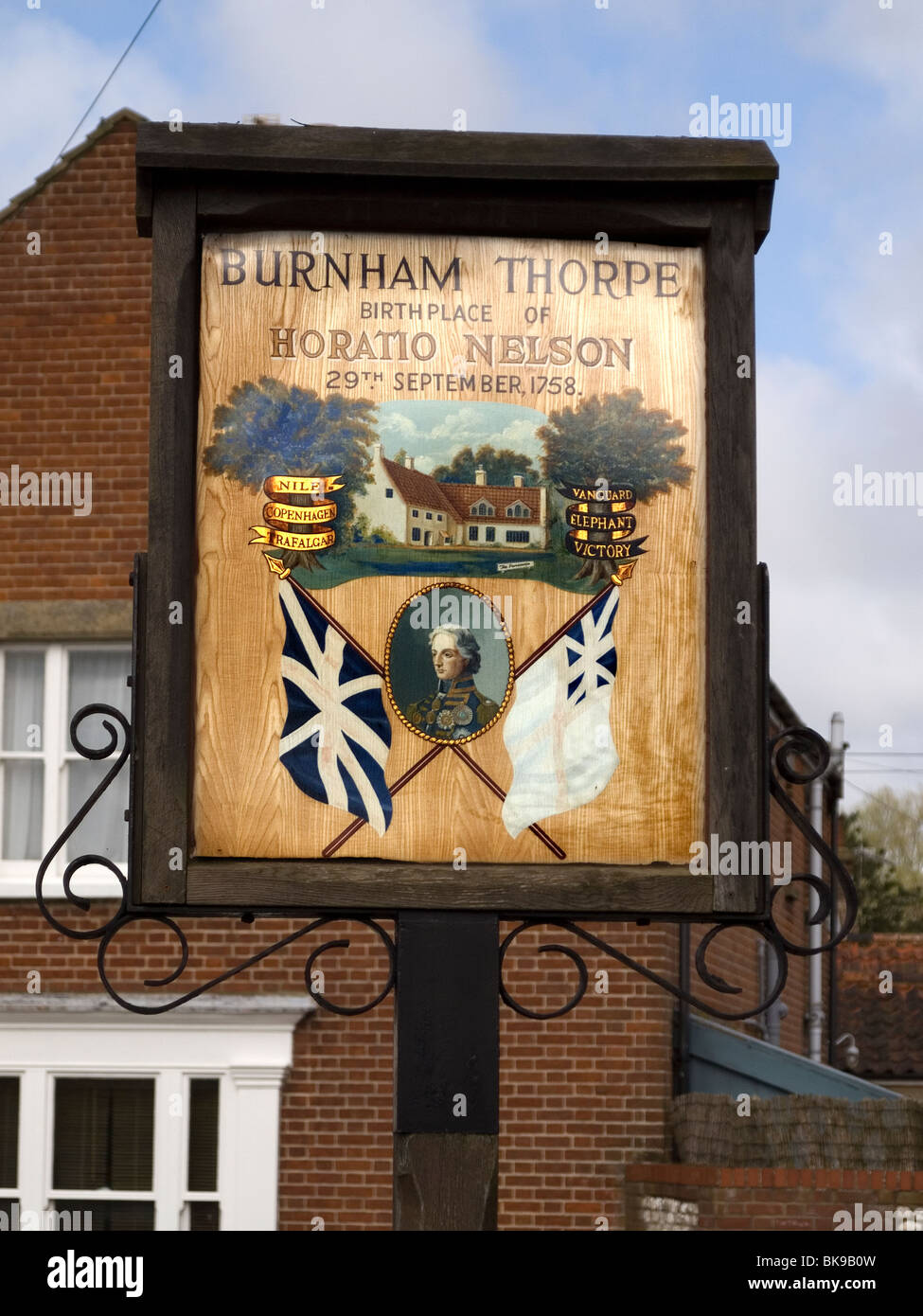 A commemorative sign in Burnham Thorpe where Admiral Horatio Nelson was ...