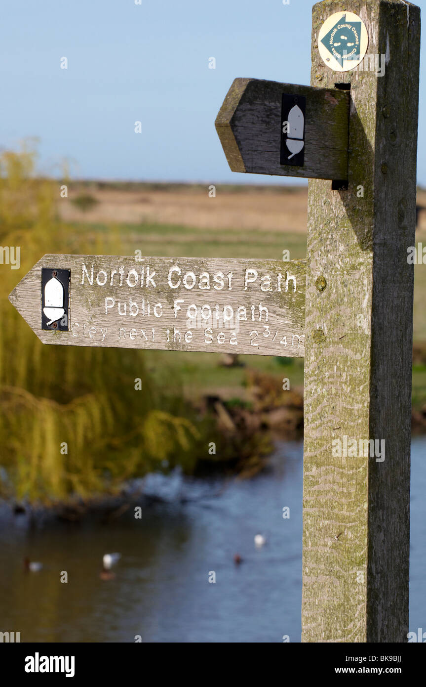 Wooden signpost at Blakeney, North Norfolk directing walkers to the ...