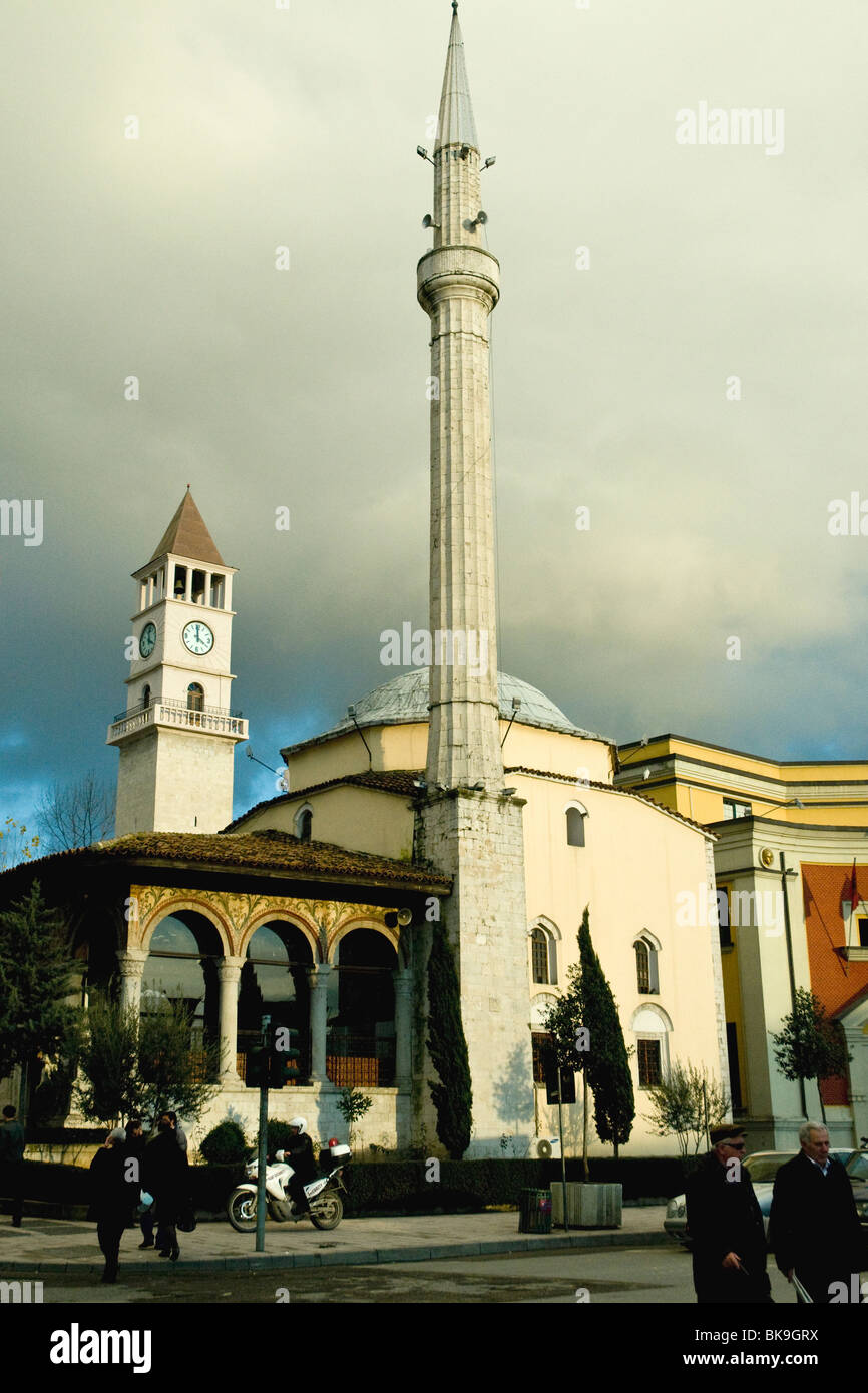 The Et'hem Bey mosque in Tirana's Skanderbeg Square, its minaret and a ...