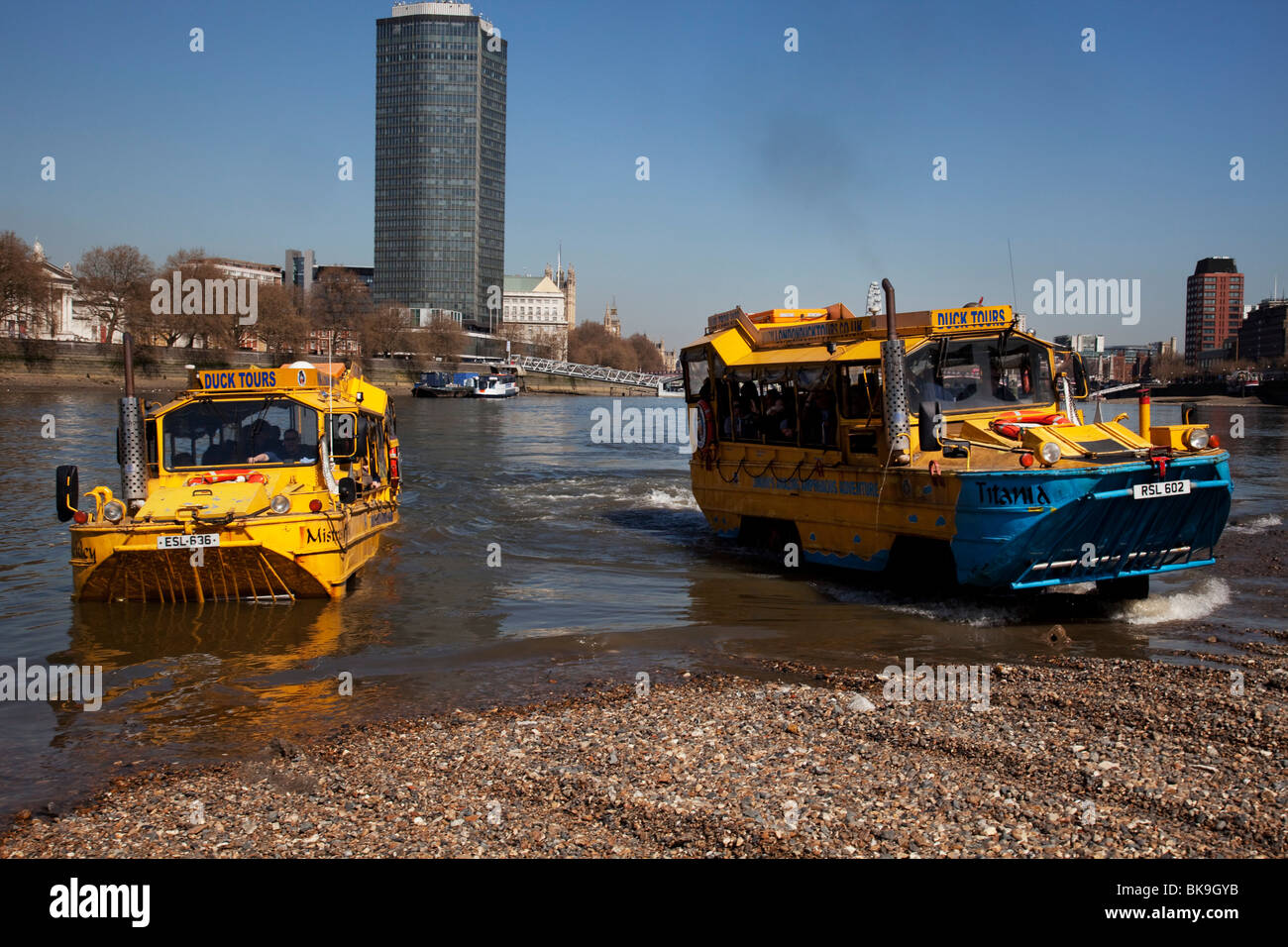 Scene along the River Thames as a Duwk amphibious vehicle drives out of ...
