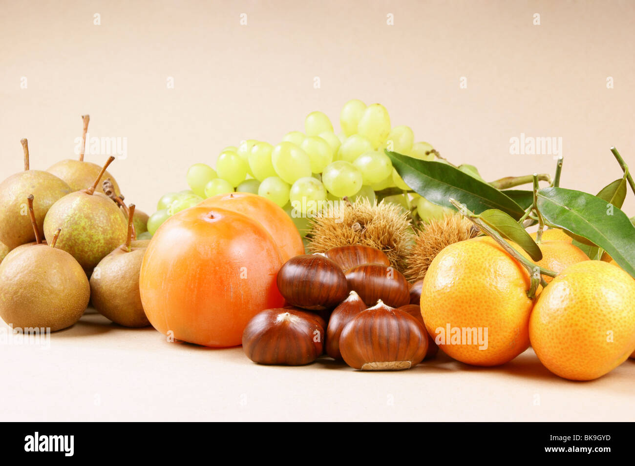 Assortment of autumn fruits over a light brown background Stock Photo ...