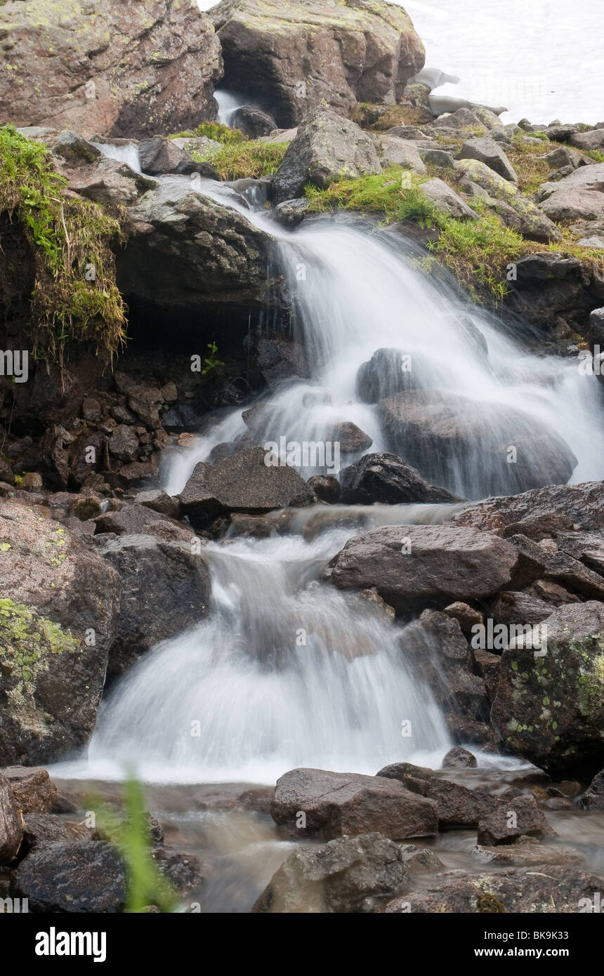 water's flowing from glacier with little cascades in Italian alps Stock ...