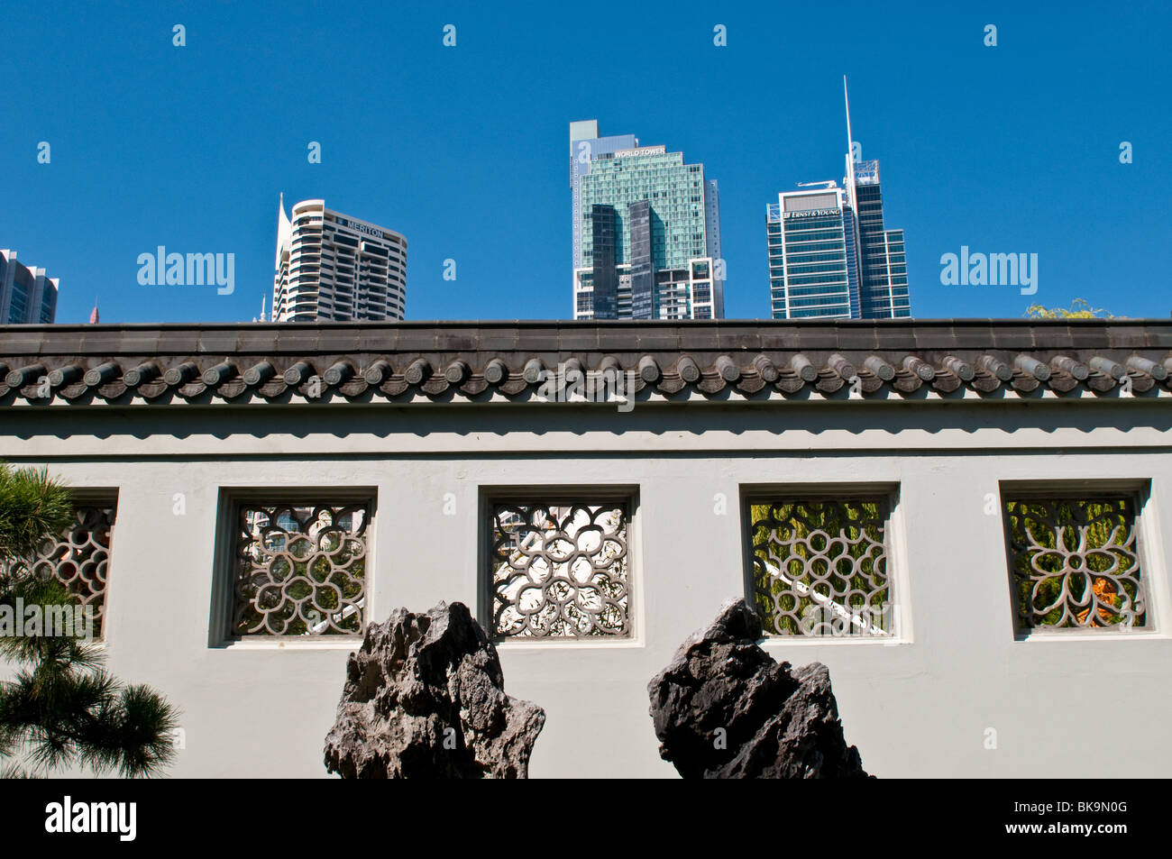 Granite stones in Chinese Garden and high rise buildings, Sydney ...