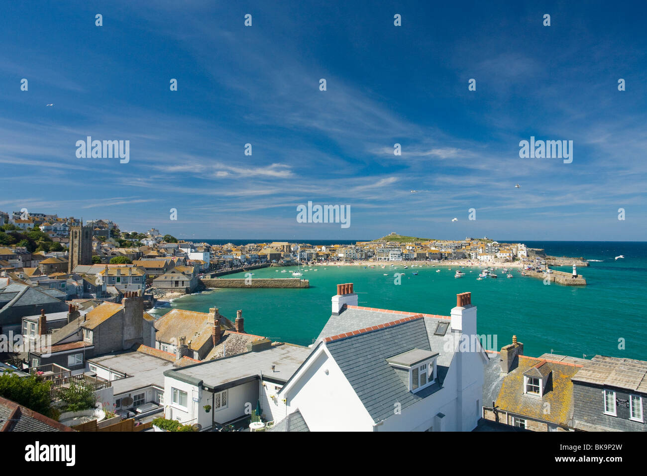 Old harbour harbor and town in summer, St Ives, United Kingdom Stock ...