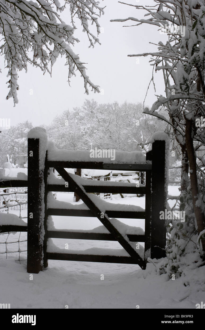 Snow covered gate Stock Photo - Alamy