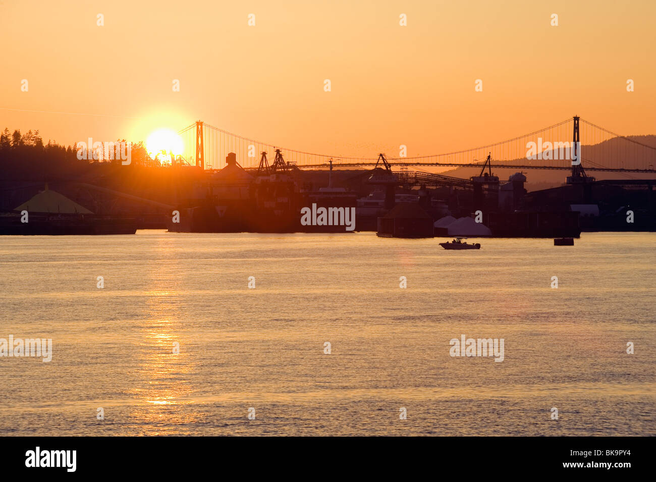 sunset over Lions Gate Bridge and Burrard Inlet Vancouver British ...