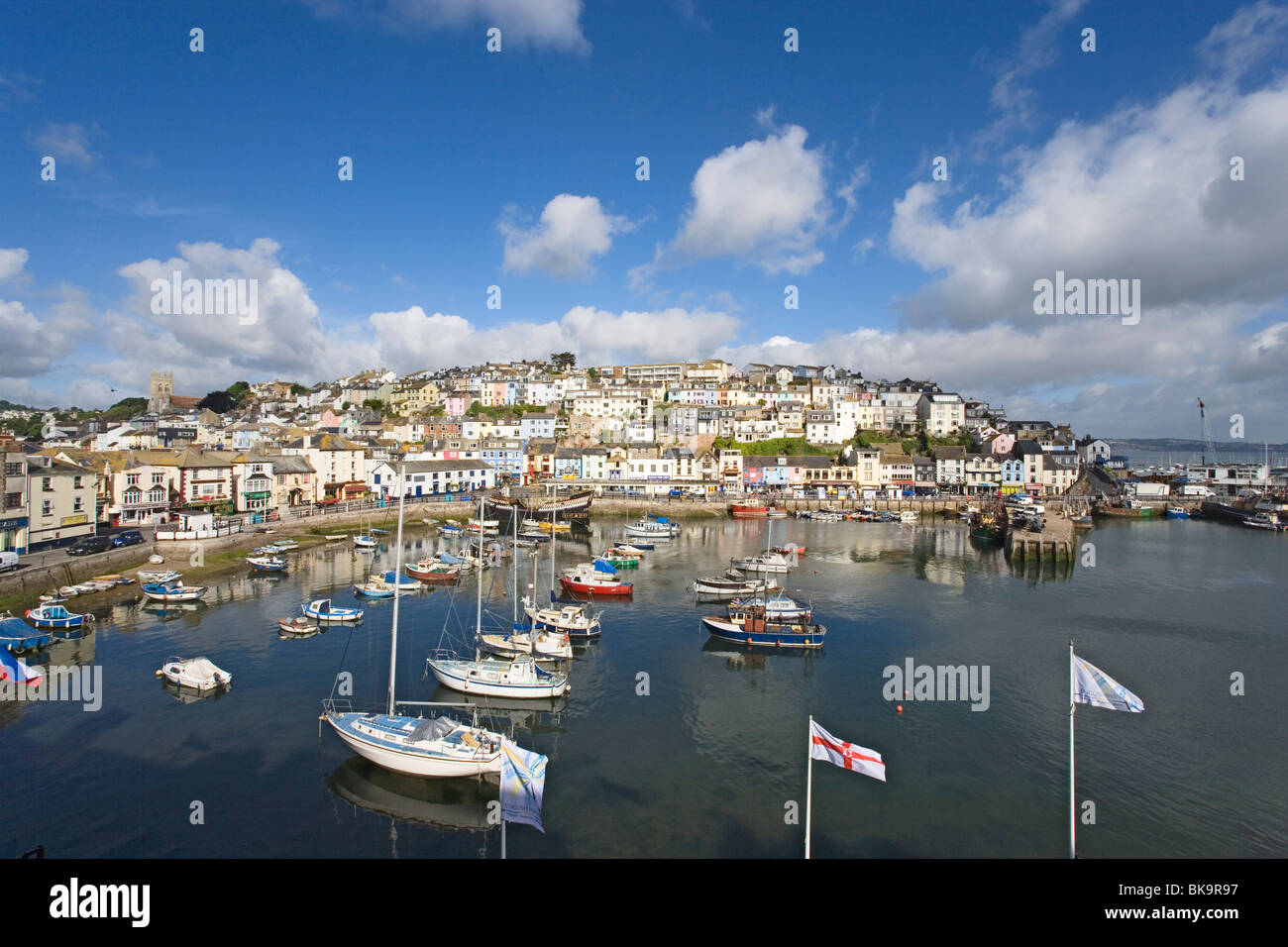 View over harbor with replica of the Golden Hind, Brixham, Torbay ...