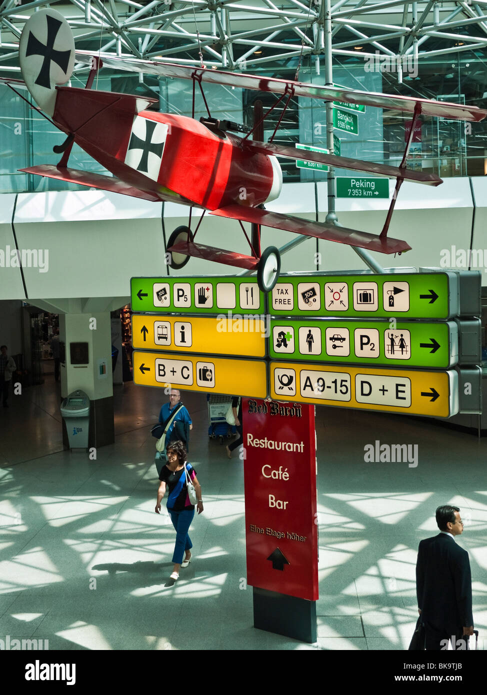 Sign for the Red Baron Restaurant Cafe Bar and suspended replica of the ...