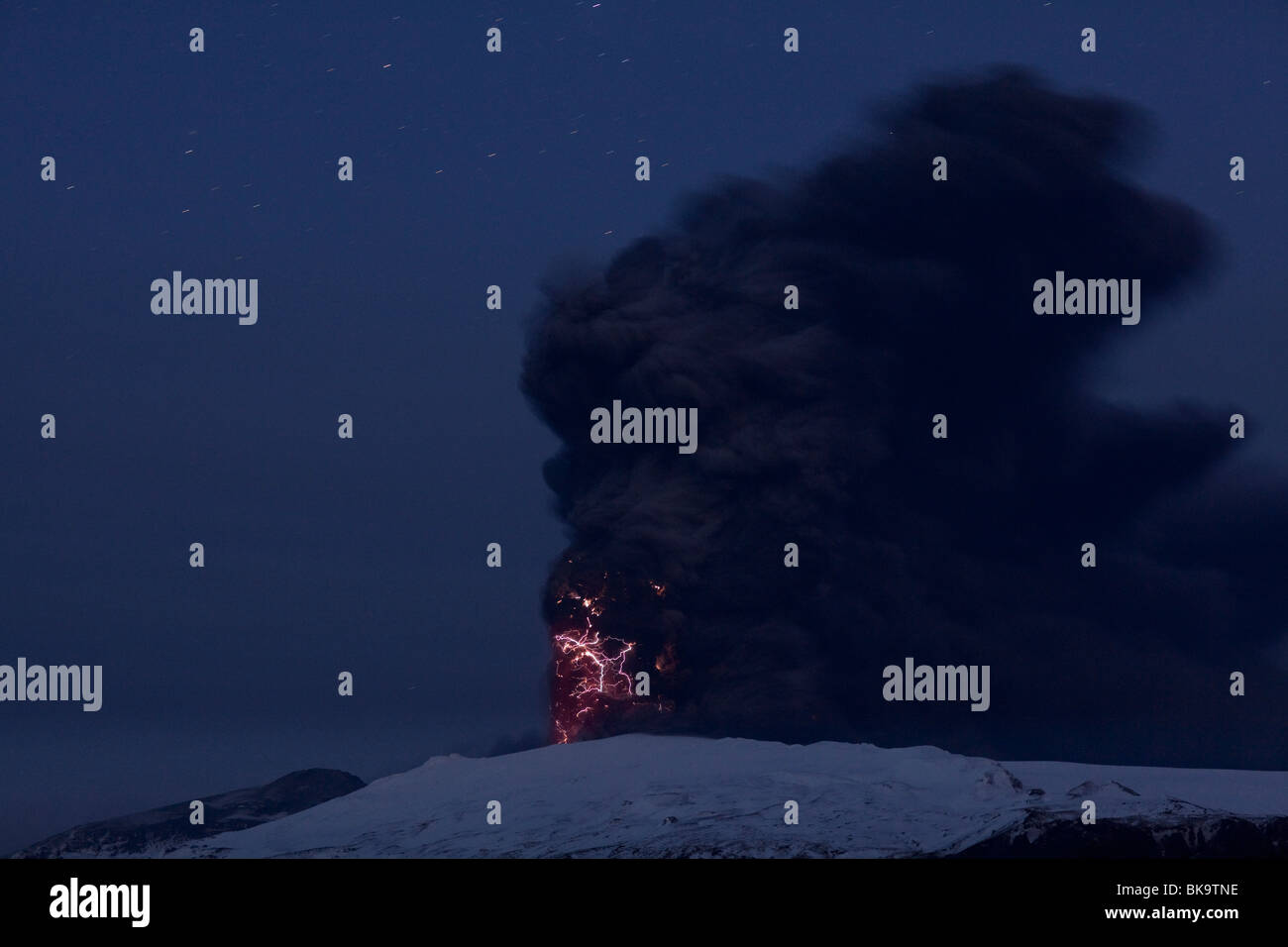 Volcanic eruption in Eyjafjallajokull, Iceland and bolt of lightnings ...