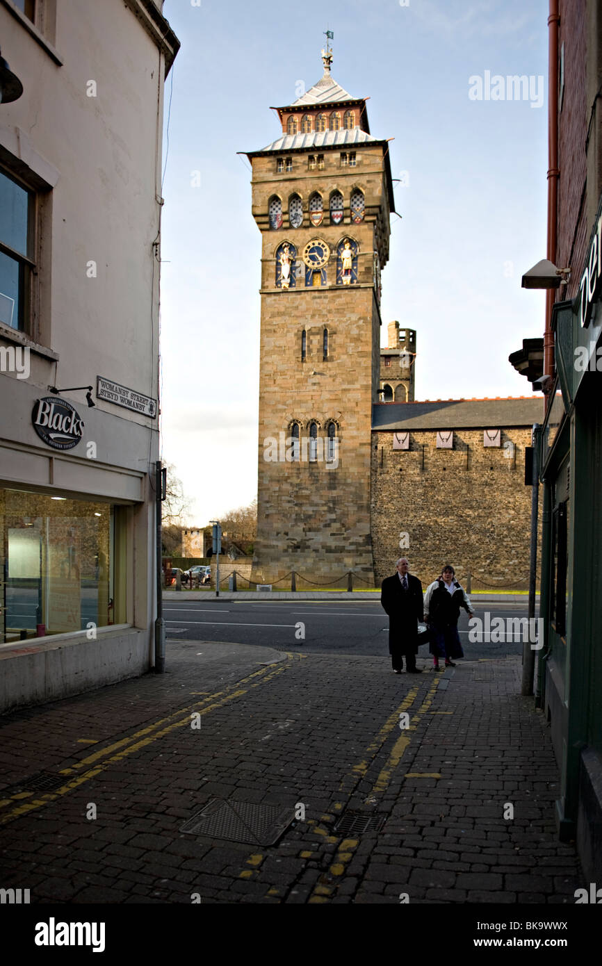 Cardiff Castle Clock Tower seen from Womanby Street, Cardiff, Wales, UK Stock Photo - Alamy