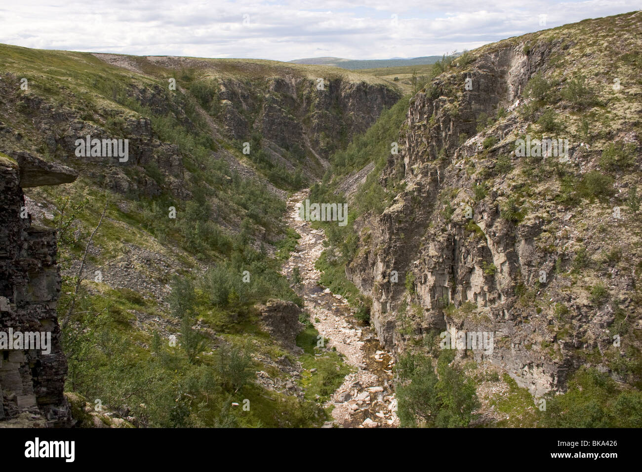 A small river has cut a deep rocky canyon in the high plain Stock Photo ...