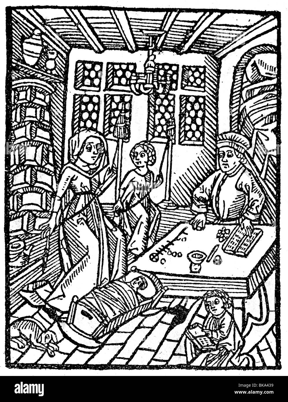 trade, merchants, merchant with abacus and family, woodcut from ...