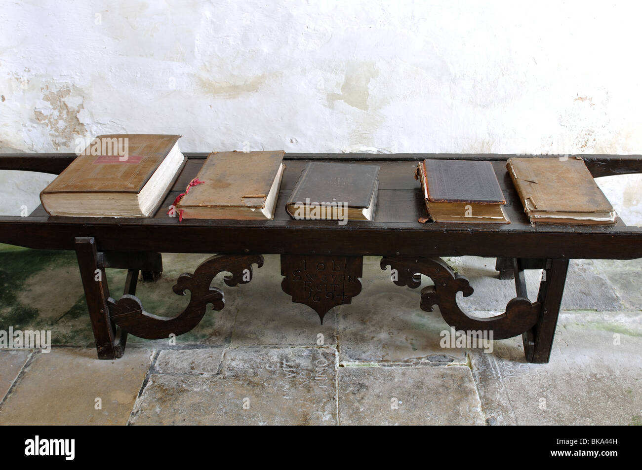 Bier with old church books on, St. Andrew`s Church, Stoke Dry, Rutland ...