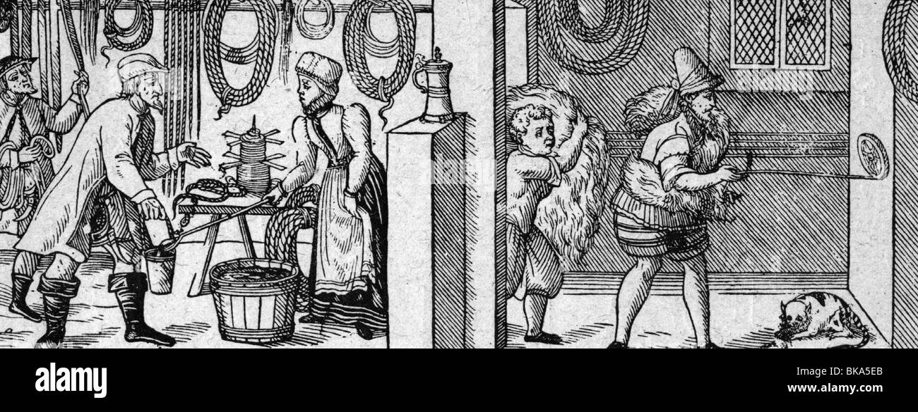 people, professions, men, ropemaker, spinning, woodcut, later 16th ...