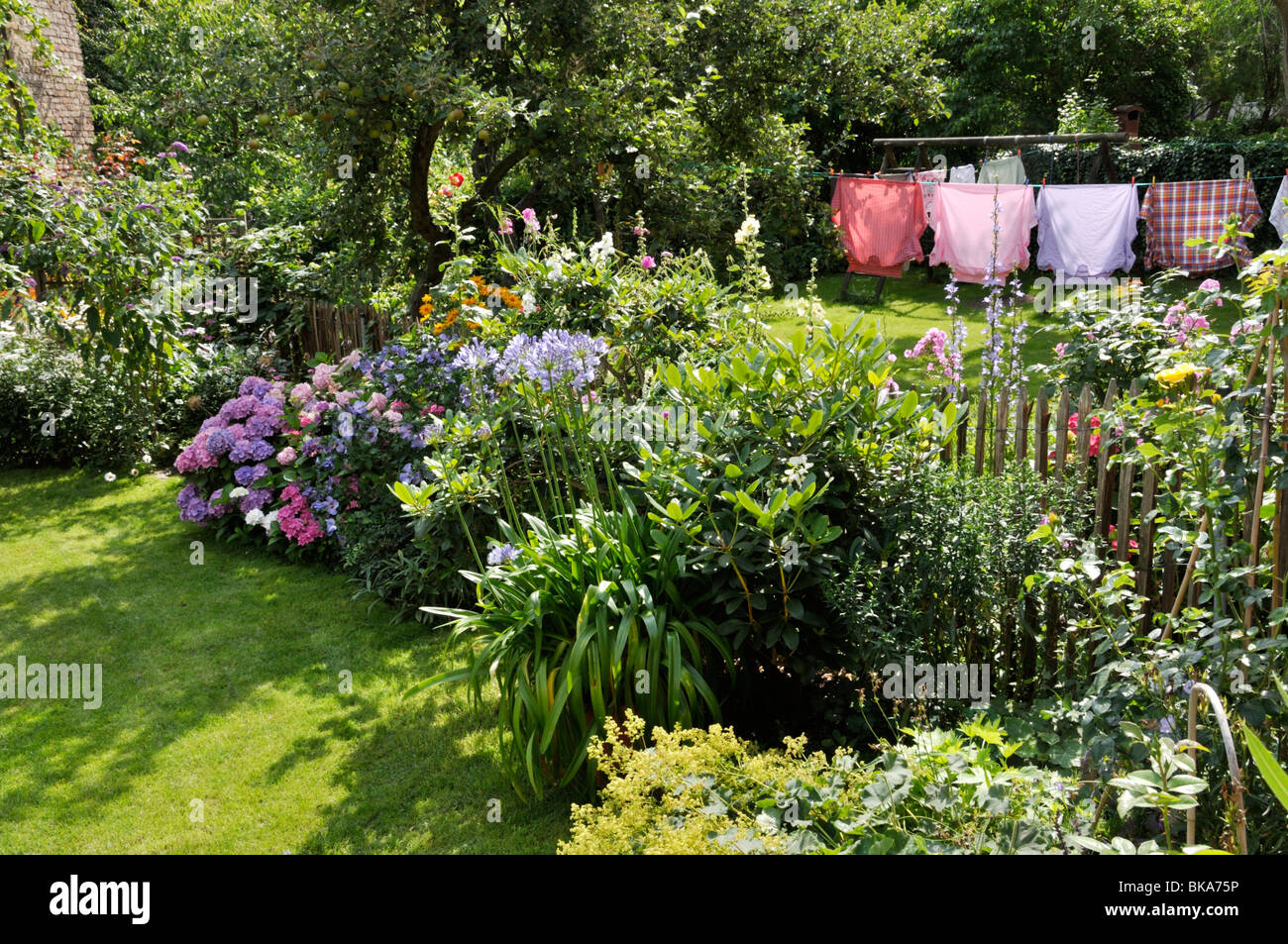 Perennial beds and washing line in a backyard garden. Design: Jutta ...