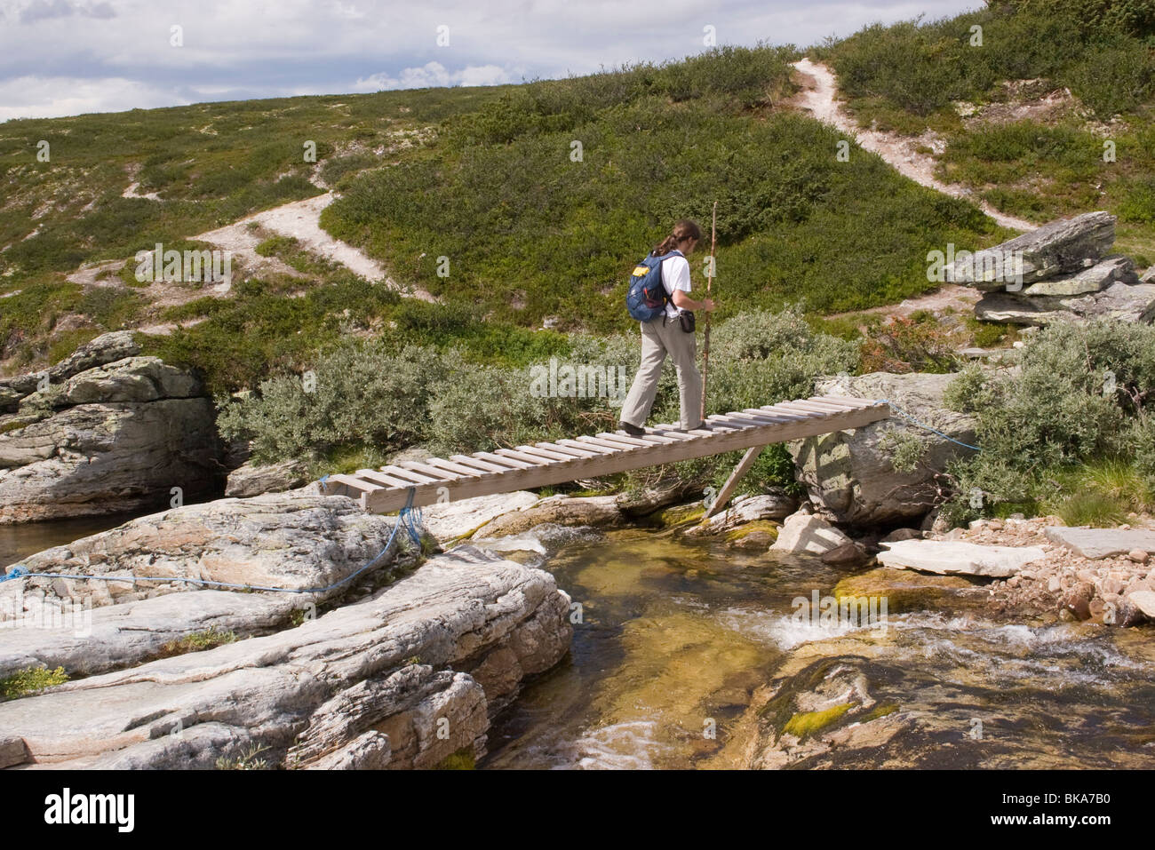 Hiker crossing a stream by a simple wooden footbridge Stock Photo - Alamy