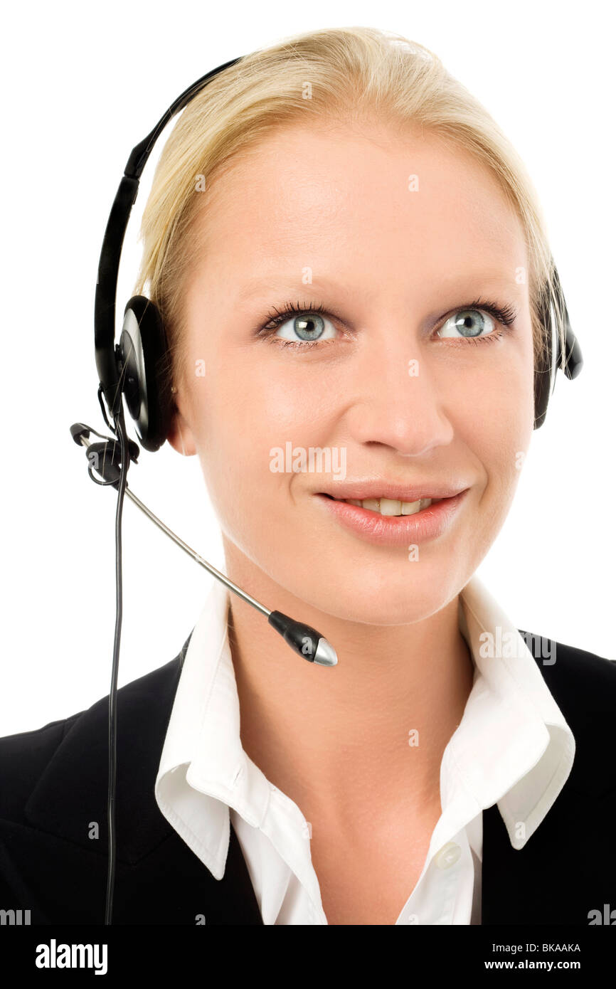 portrait of a young caucasian operator smiling with headphone and ...