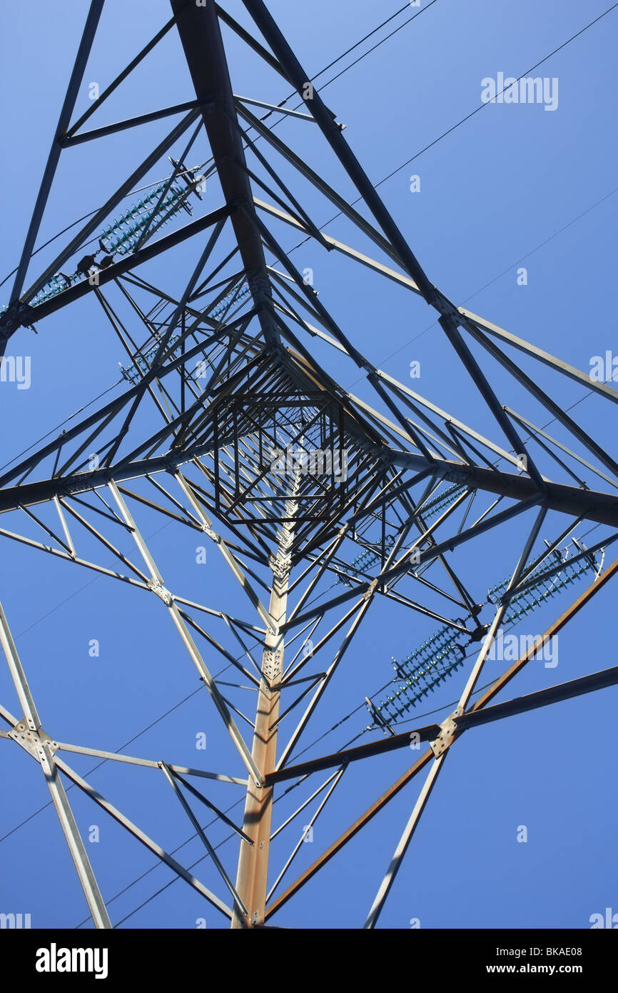 Pylon of the high voltage transmission grid - view from below. The ...
