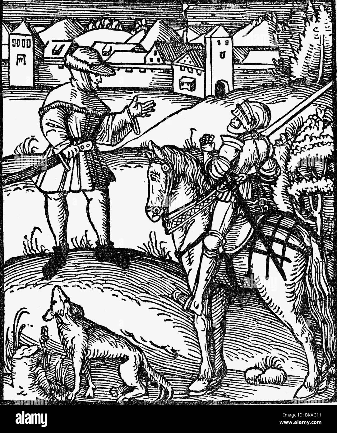 military, knights, peasant and knight in conversation, woodcut from ...