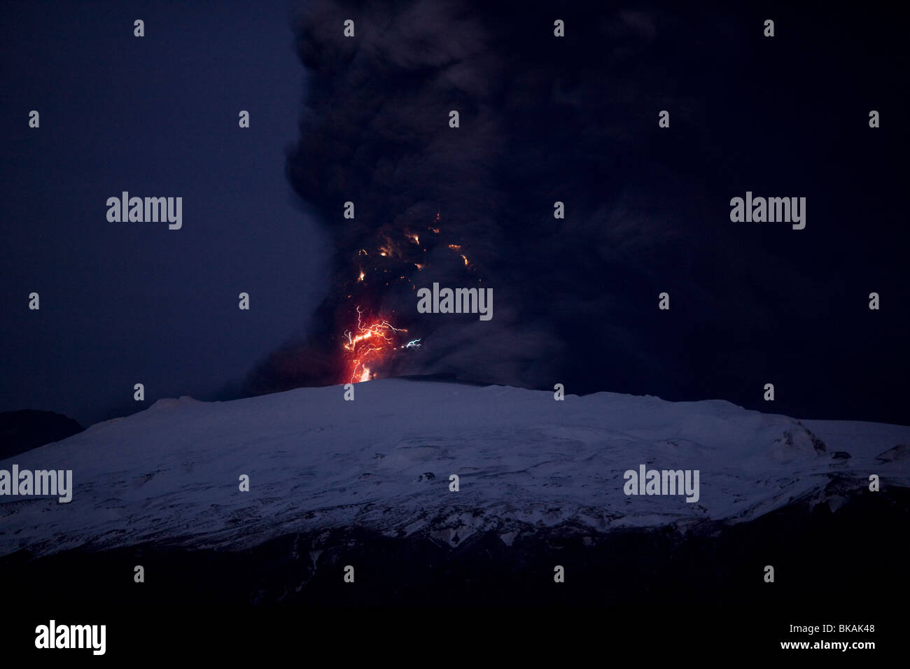 Volcanic eruption in Eyjafjallajokull, Iceland and bolt of lightnings ...
