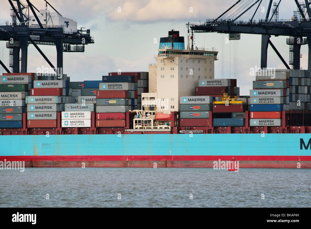 Maersk cargo ship with cargo at Harwich container port Stock Photo - Alamy
