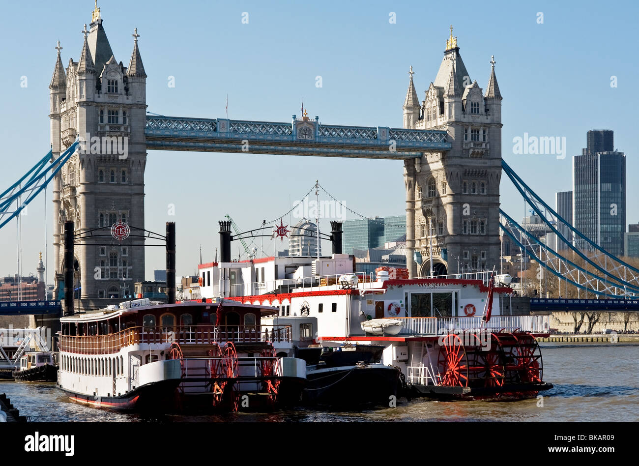 Thames Pleasure Cruisers berthed near Tower Bridge on the River Thames ...