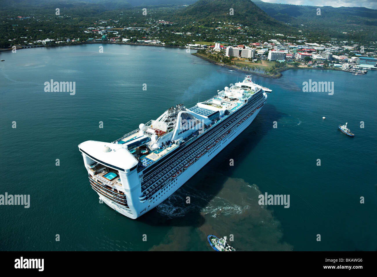Aerial view of cruise ship entering Apia harbour, Upolu island, Samoa ...
