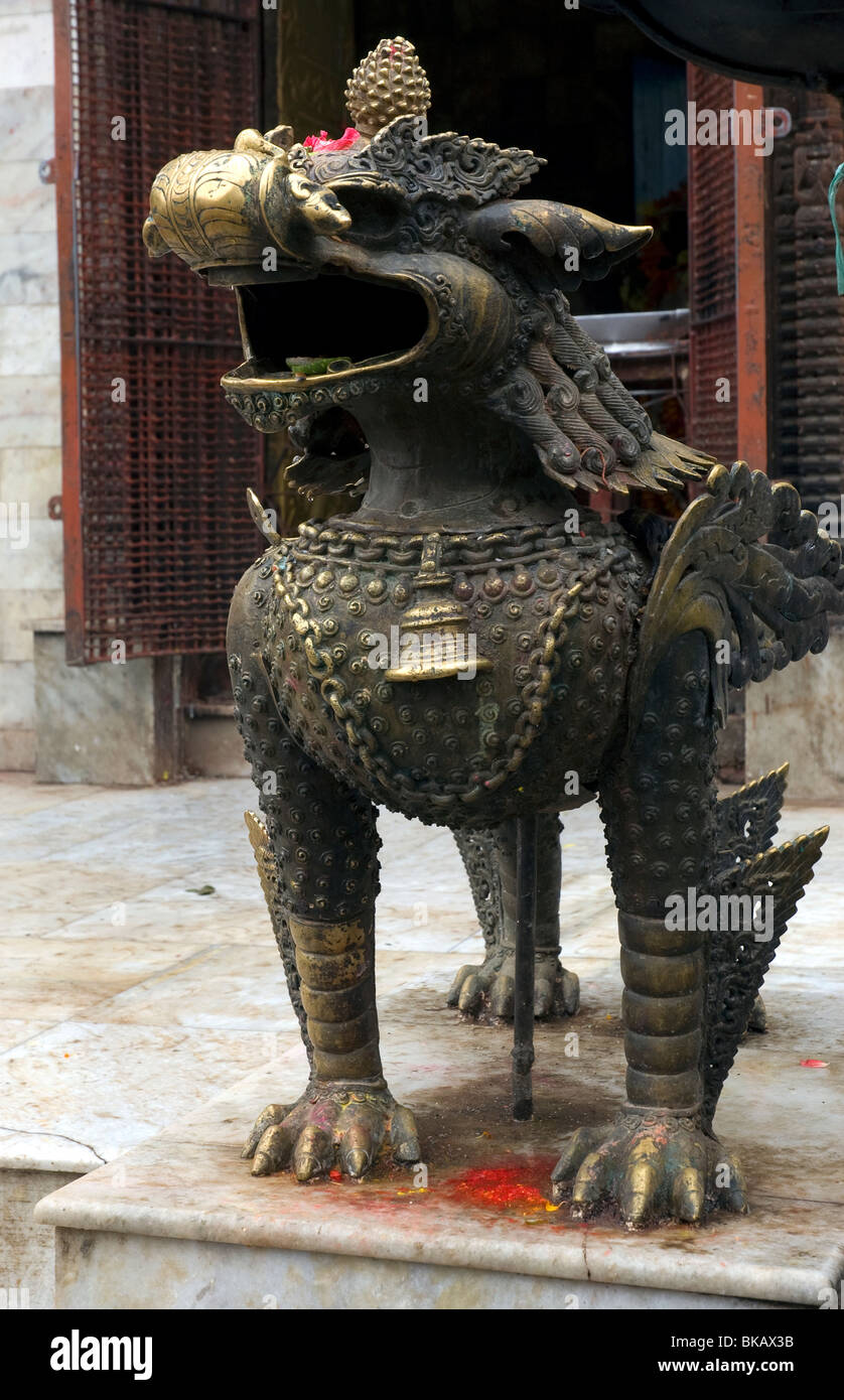 A bronze temple guard at the Mahendreshwar Temple in Durbar Square ...