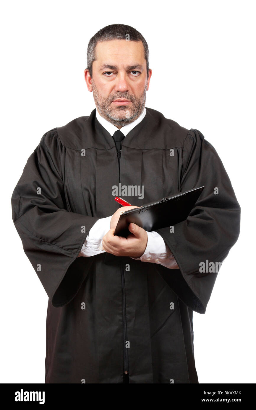 A serious male judge writing on white background Stock Photo - Alamy