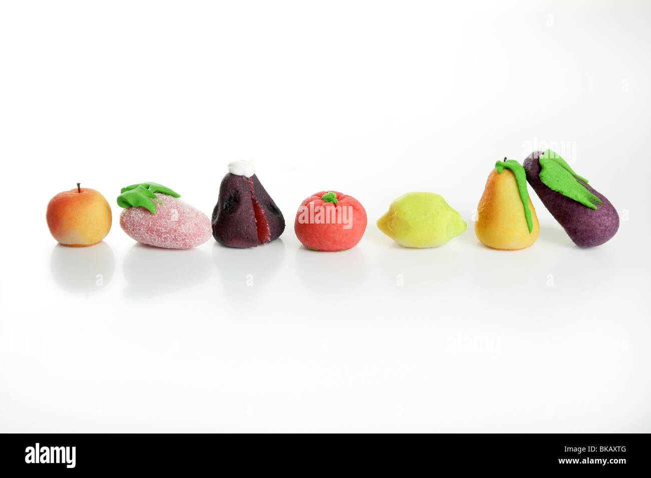 Variety of fruits on colorful marzipan. St. Dionis famous saint ...