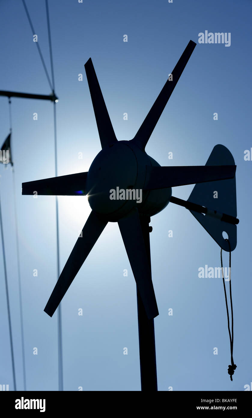 Boat electric air generator. Little wind mill, backlit blue sky Stock ...