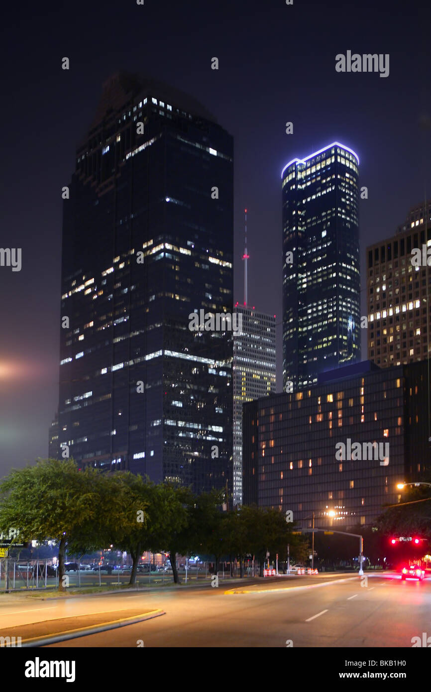 Blue night city lights and buildings in Houston downtown Texas Stock ...