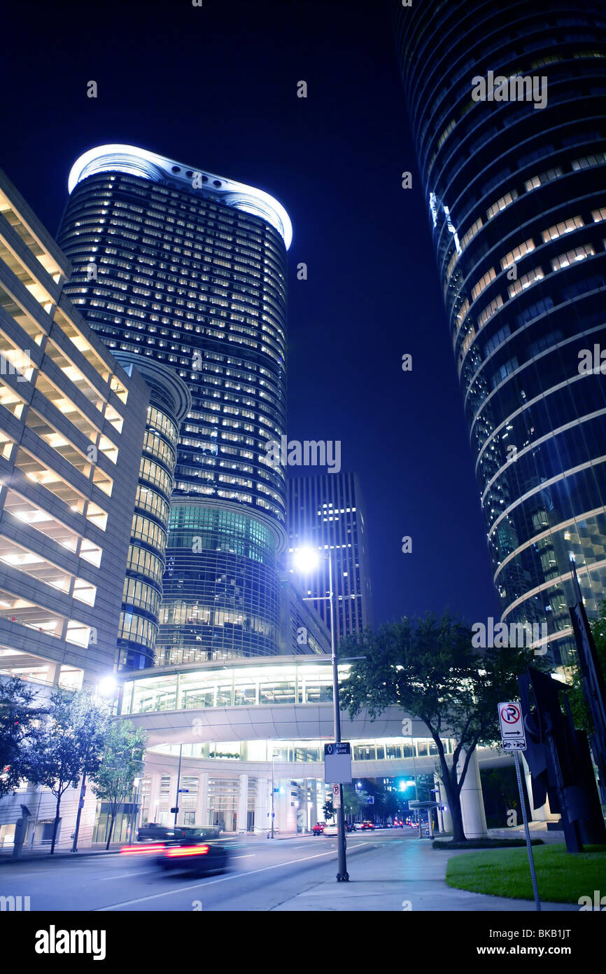 Blue night city lights and buildings in Houston downtown Texas Stock ...