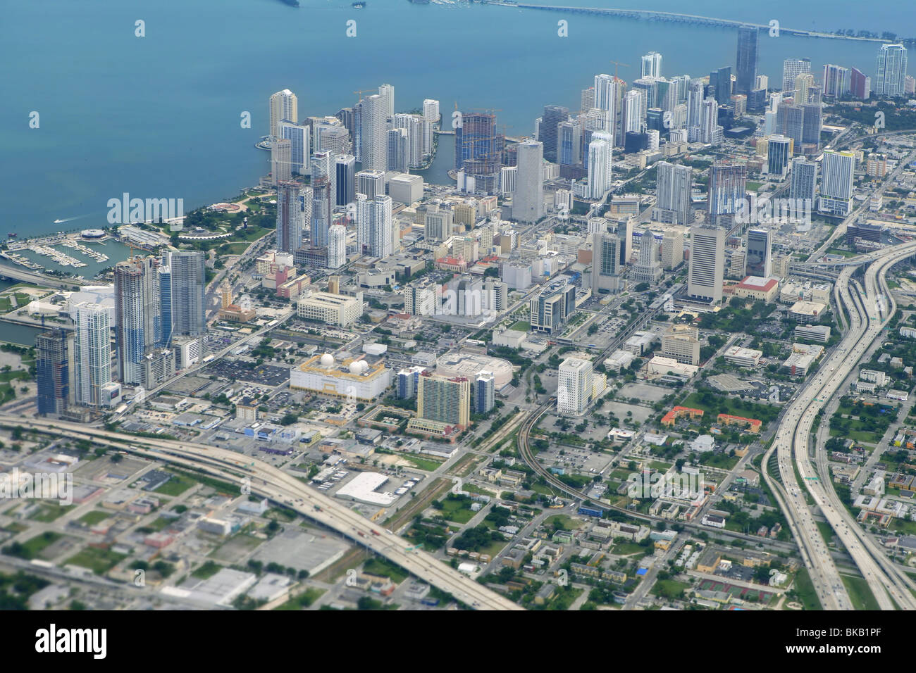 Miami city Downtown aerial view blue sea buildings town Stock Photo - Alamy