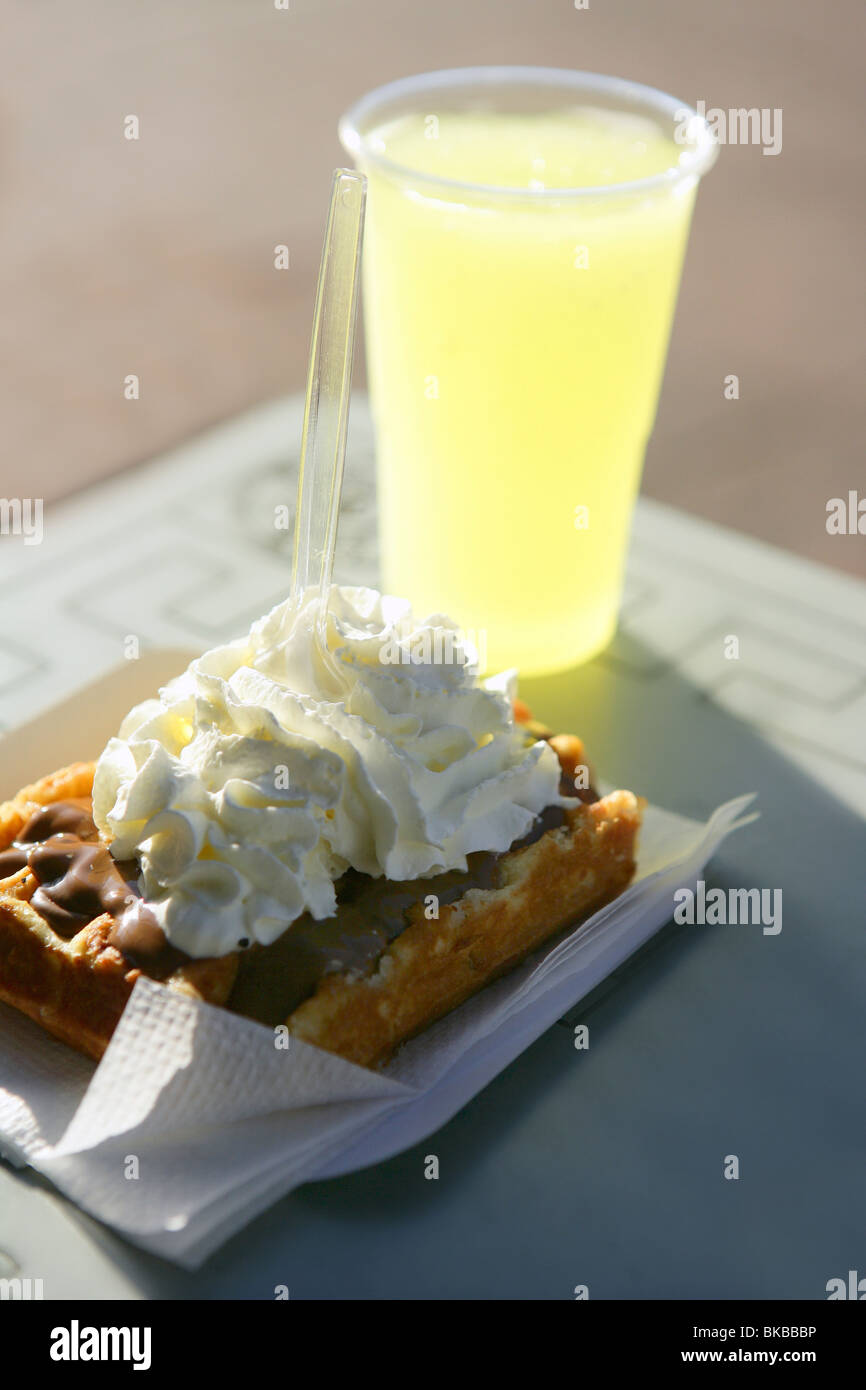 Delicious breakfast meal with lemonade and cream waffle pastry Stock ...