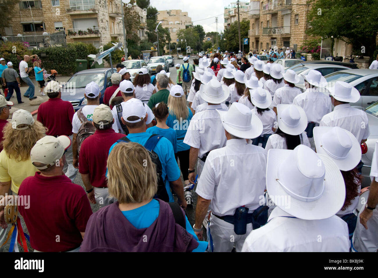 Israel, Jerusalem, People marching in the Jerusalem annual parade ...
