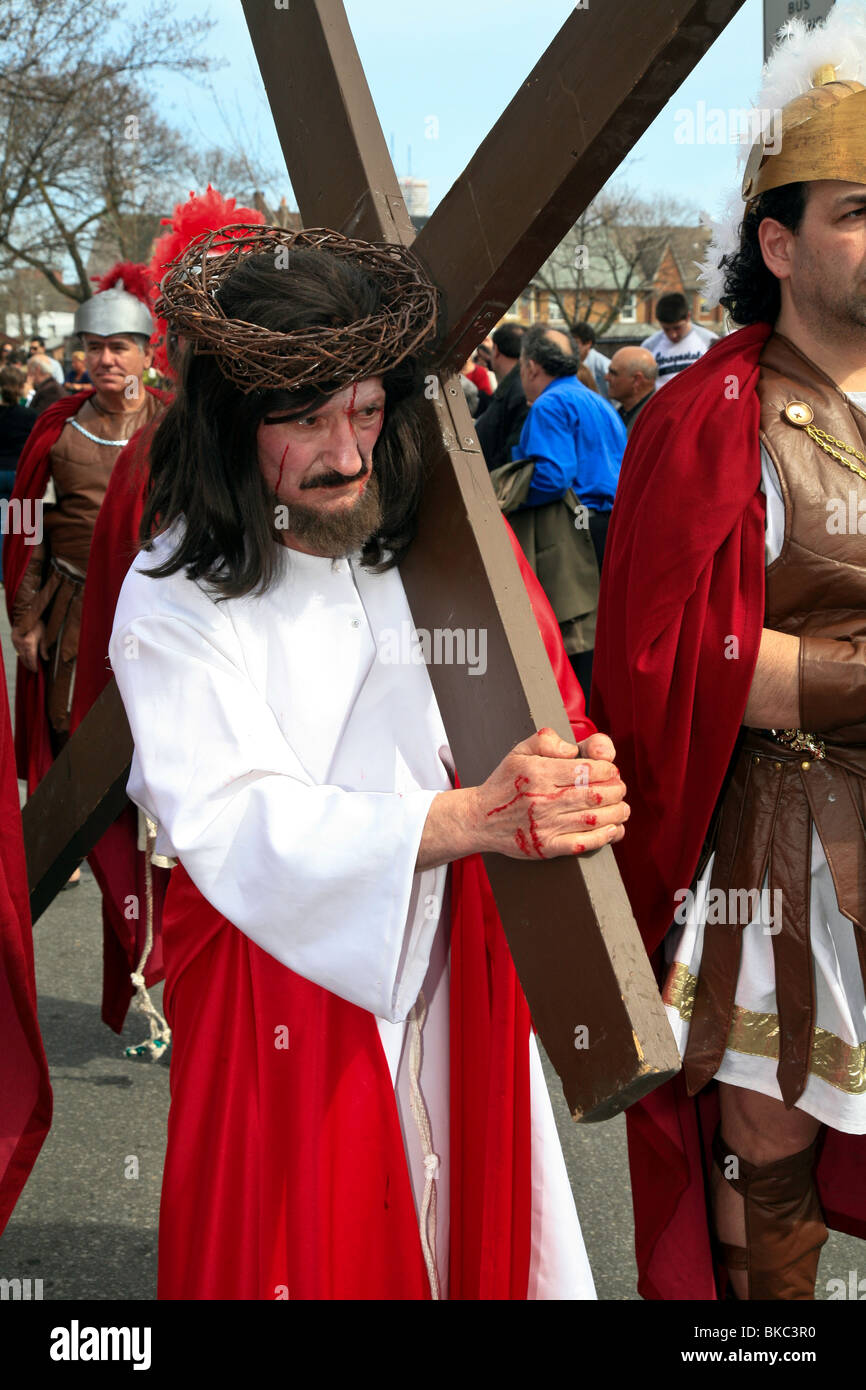 Jesus (actor) carries cross at Holy Easter or Good Friday Procession ...