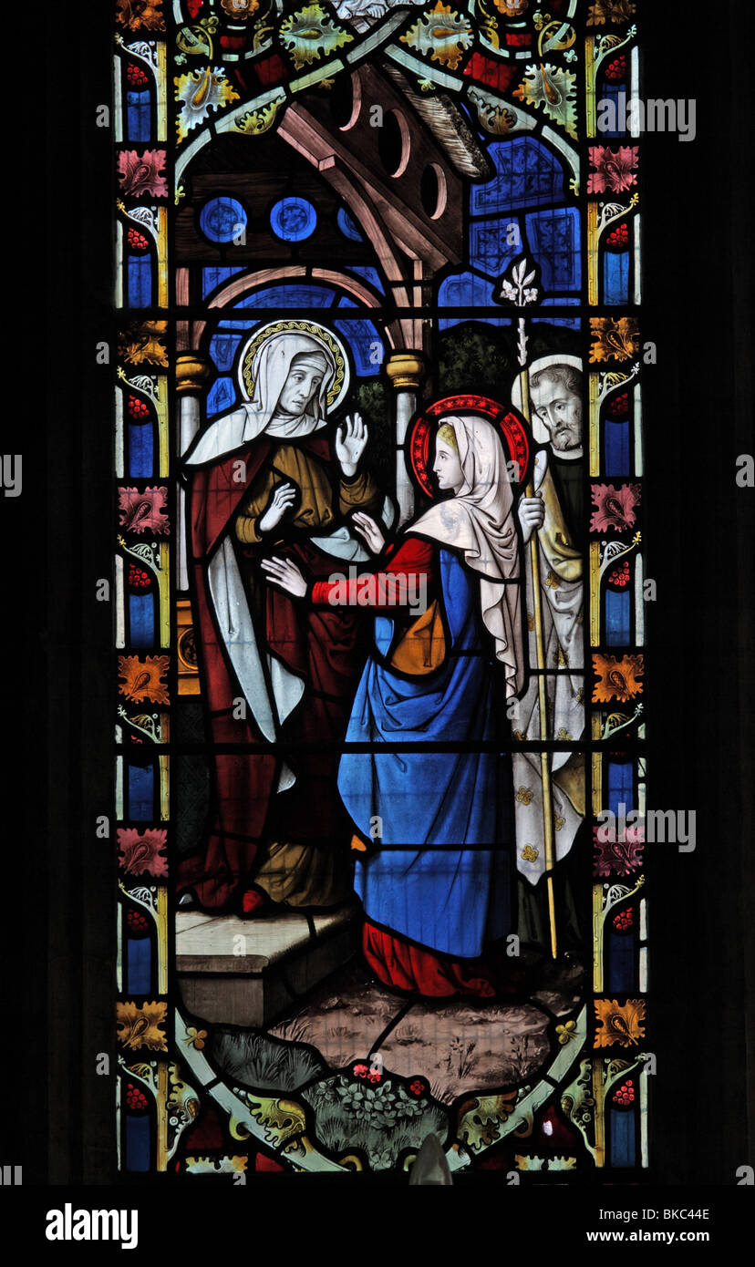 A stained glass window depicting The Visitation, St Mary the Virgin ...